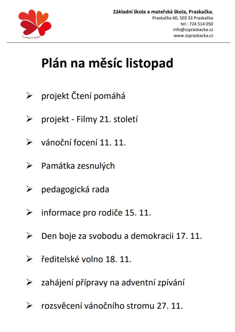Plán na měsíc listopad 2022 – ZŠ Praskačka